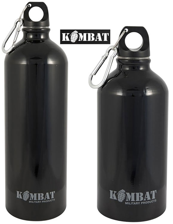 Kombat Army Military Aluminium Water Bottle Carabiner Flask Black 500ml ...